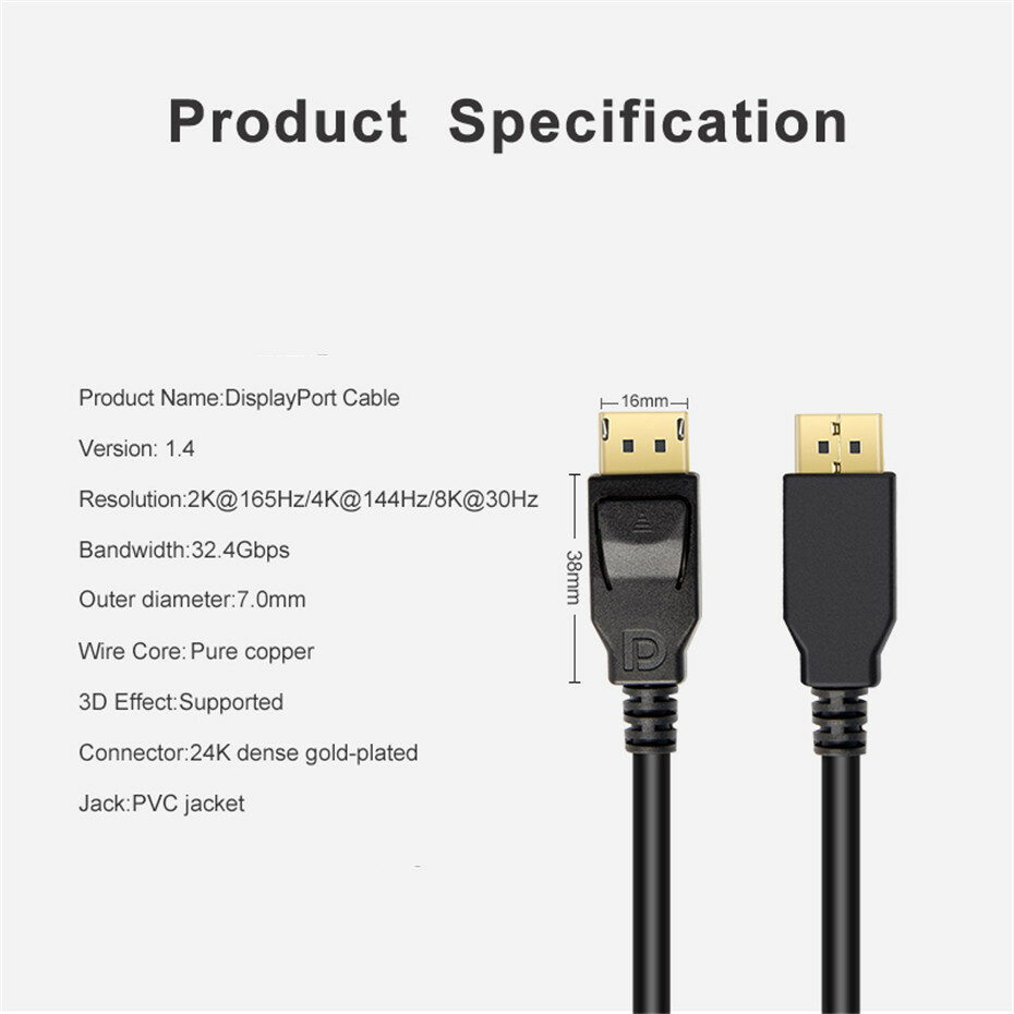 Кабель для монитора 2M Dp To Dp 1.4 8K 30Hz 4K 144Hz 32.4Gbps для ПК, ноутбука, телевизора