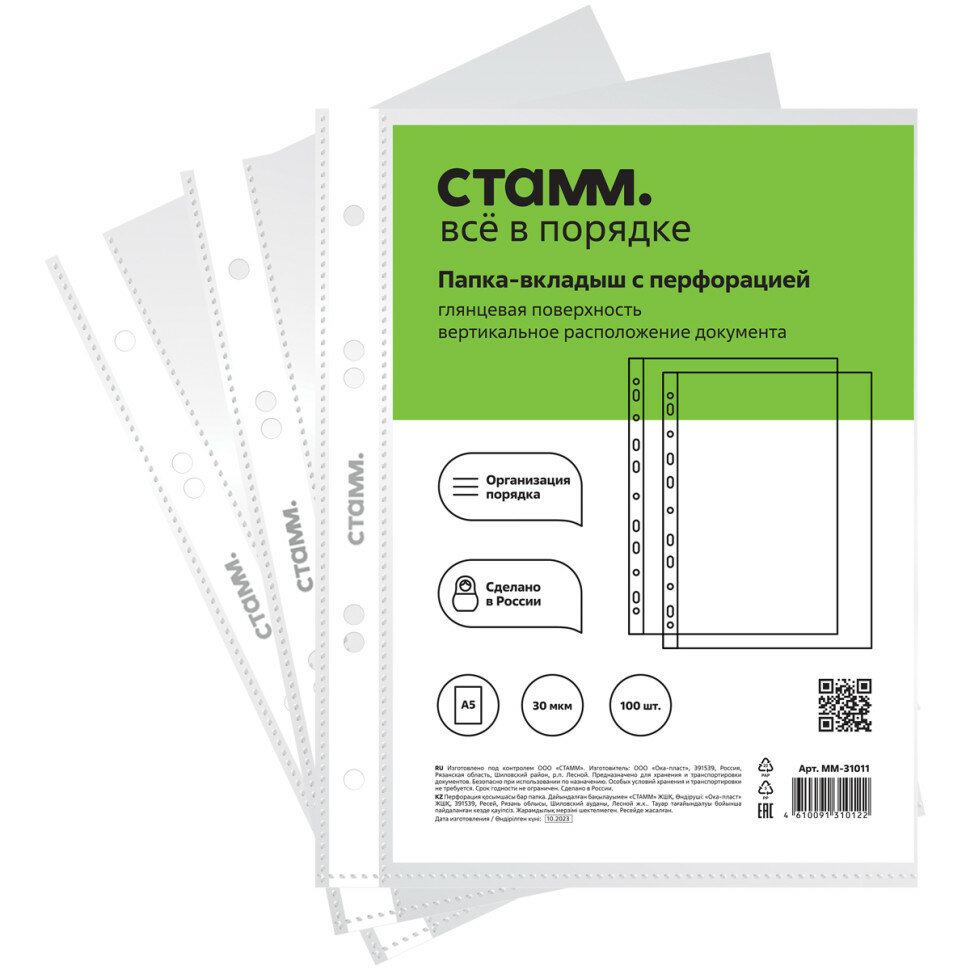 Папка-вкладыш с перфорацией (файл) СТАММ А5, 30мкм, глянцевая, 200 штук, 356707