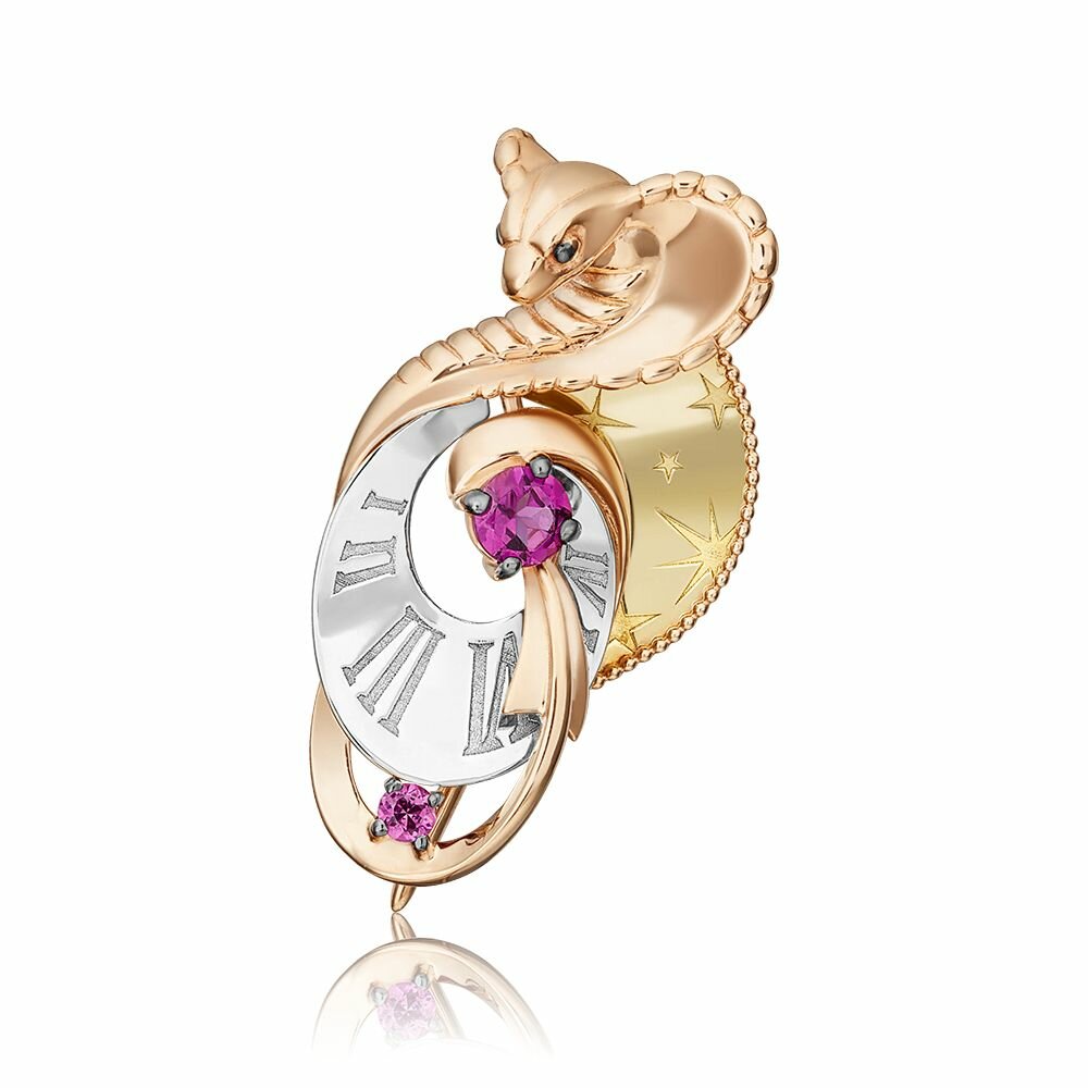 Брошь, комбинированное золото, 585 проба, родирование, гранат