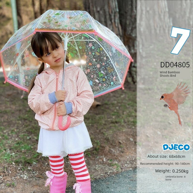 Детский прозрачный зонт Djeco для девочек, учащихся начальной школы, детей детского сада, милый зонт с длинной ручкой