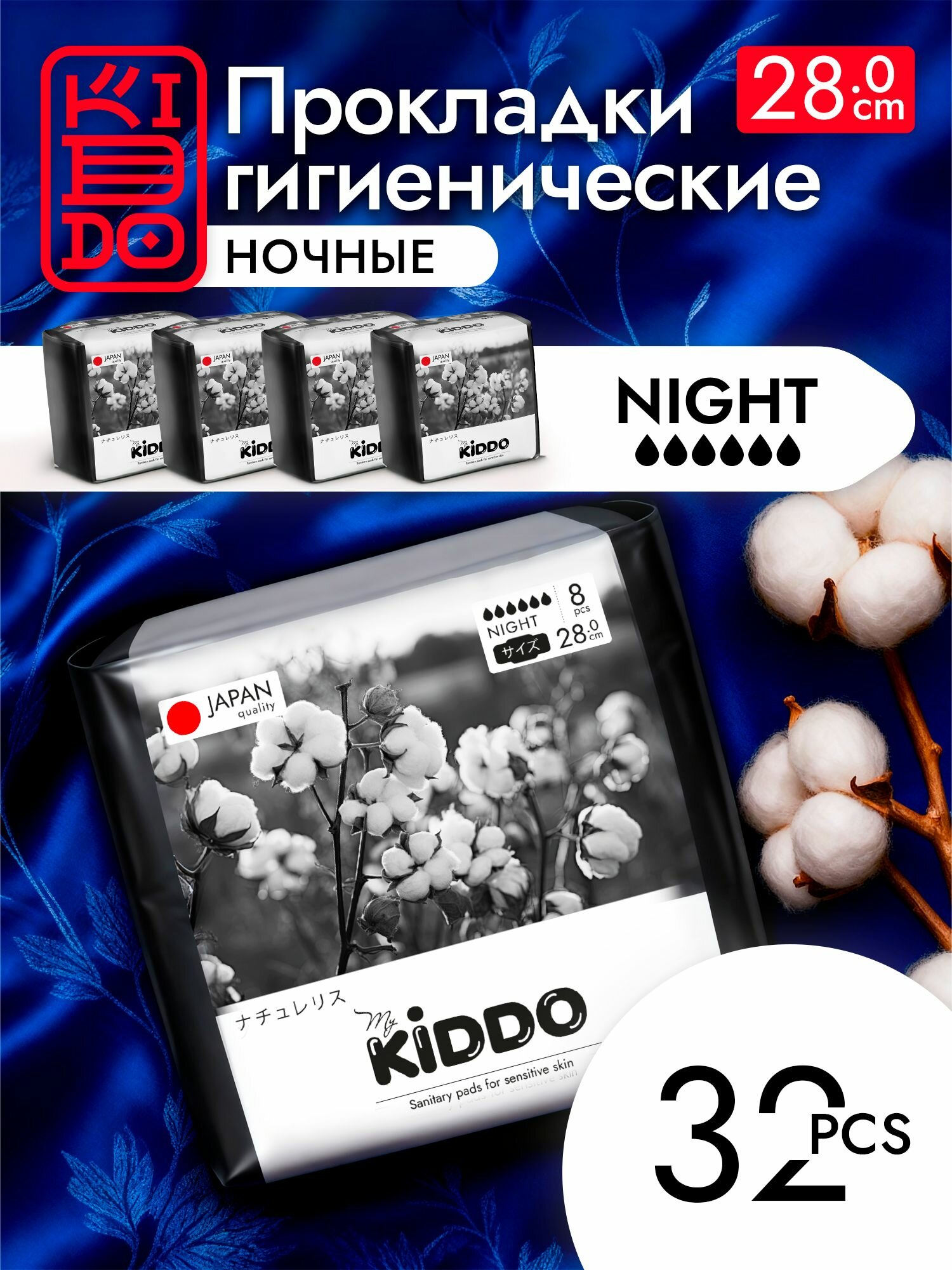 Прокладки женские ночные KIDDO Night, 32 шт (4 упаковки по 8 шт)