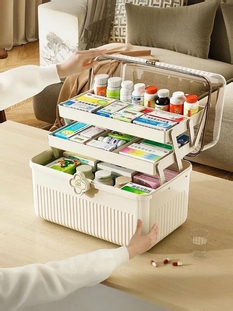 Аптечка домашняя большая контейнер органайзер для хранения лекарств и медикаментов дома пластиковый с крышкой.