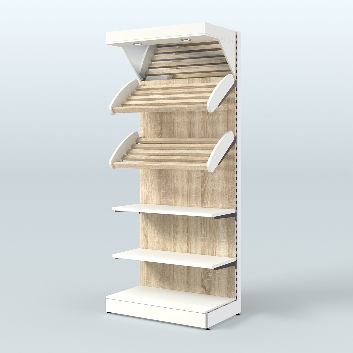 Пристенный стеллаж с полками - корзинами и верхним зеркальным фризом СХФ-02, Белый + Дуб Сонома