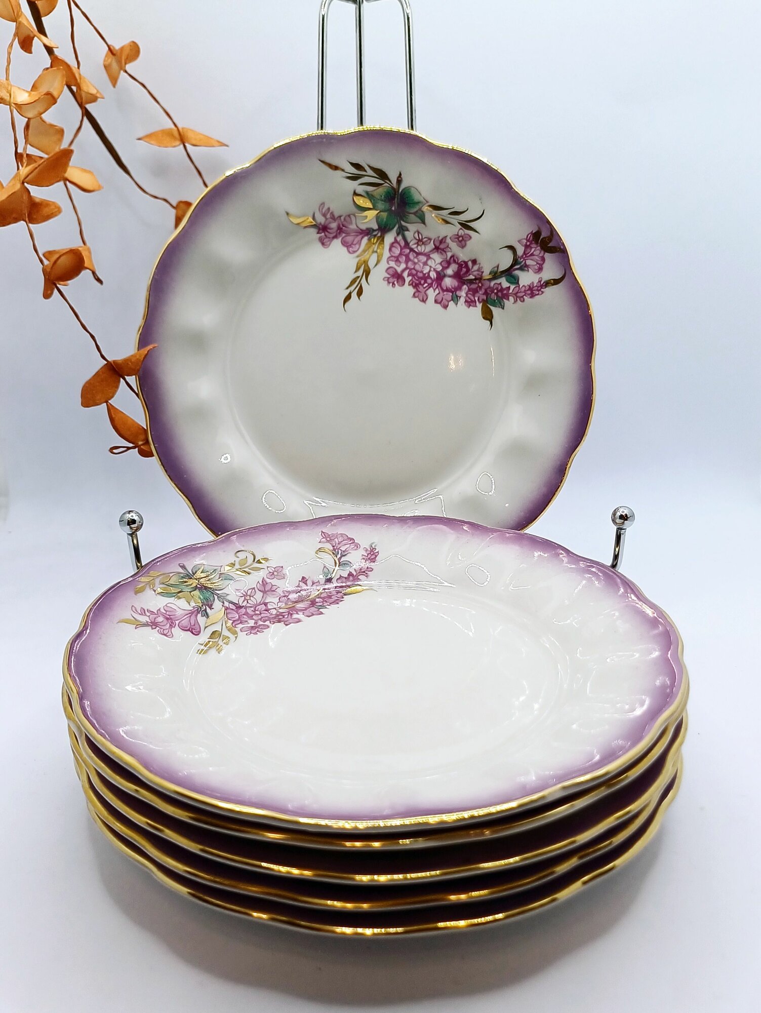 Набор десертных / пирожковых тарелок Сирень винтажный, деколь, фарфор, Коростень СССР