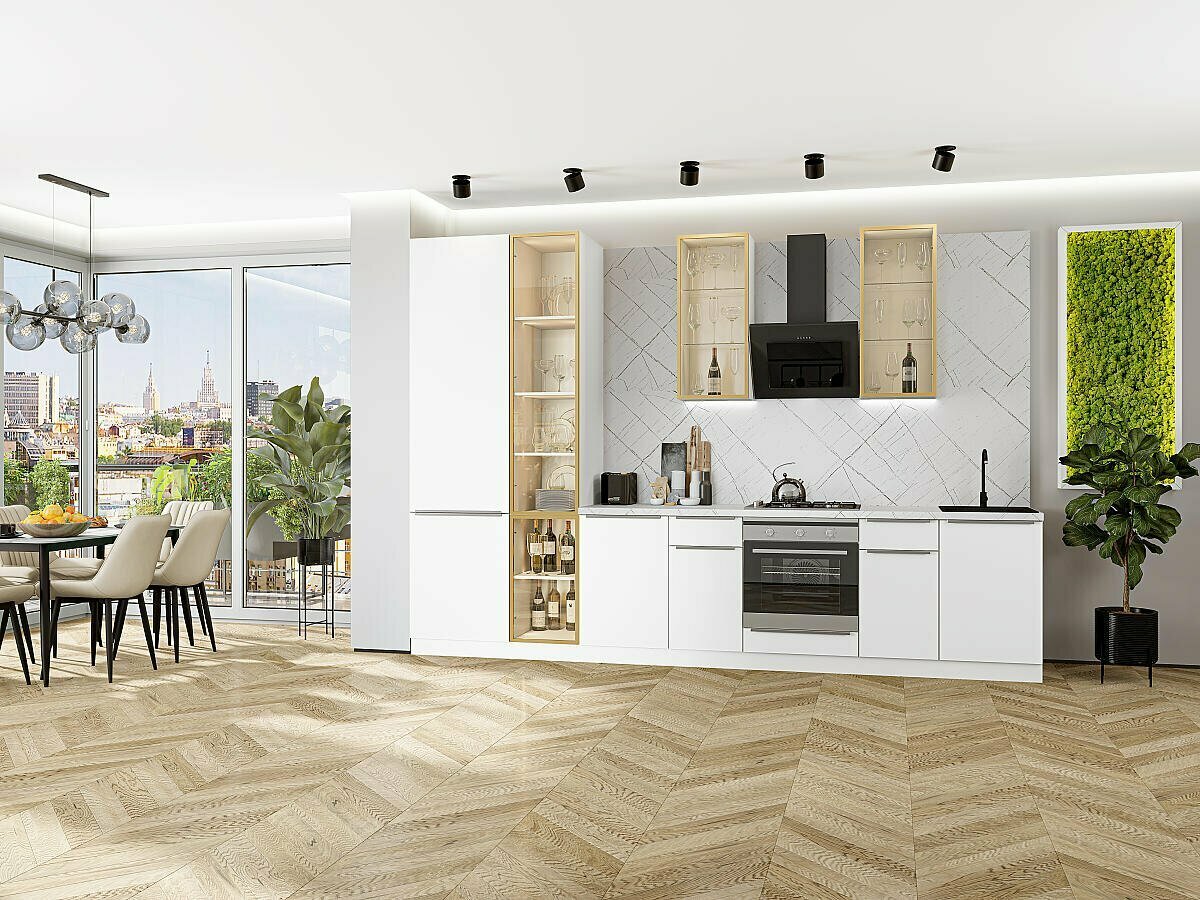 Кухонный гарнитур 3,4 м без столешницы Мебель-МСК Фьюжн-08 Silky White, полки стекло 234х340х60 см