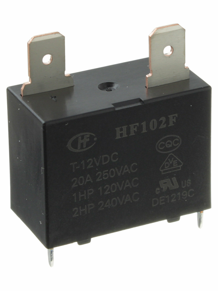 Реле 12В, 1 группа 20А 250В AC Hongfa HF102F/T-12VDC SPST-NO 1A