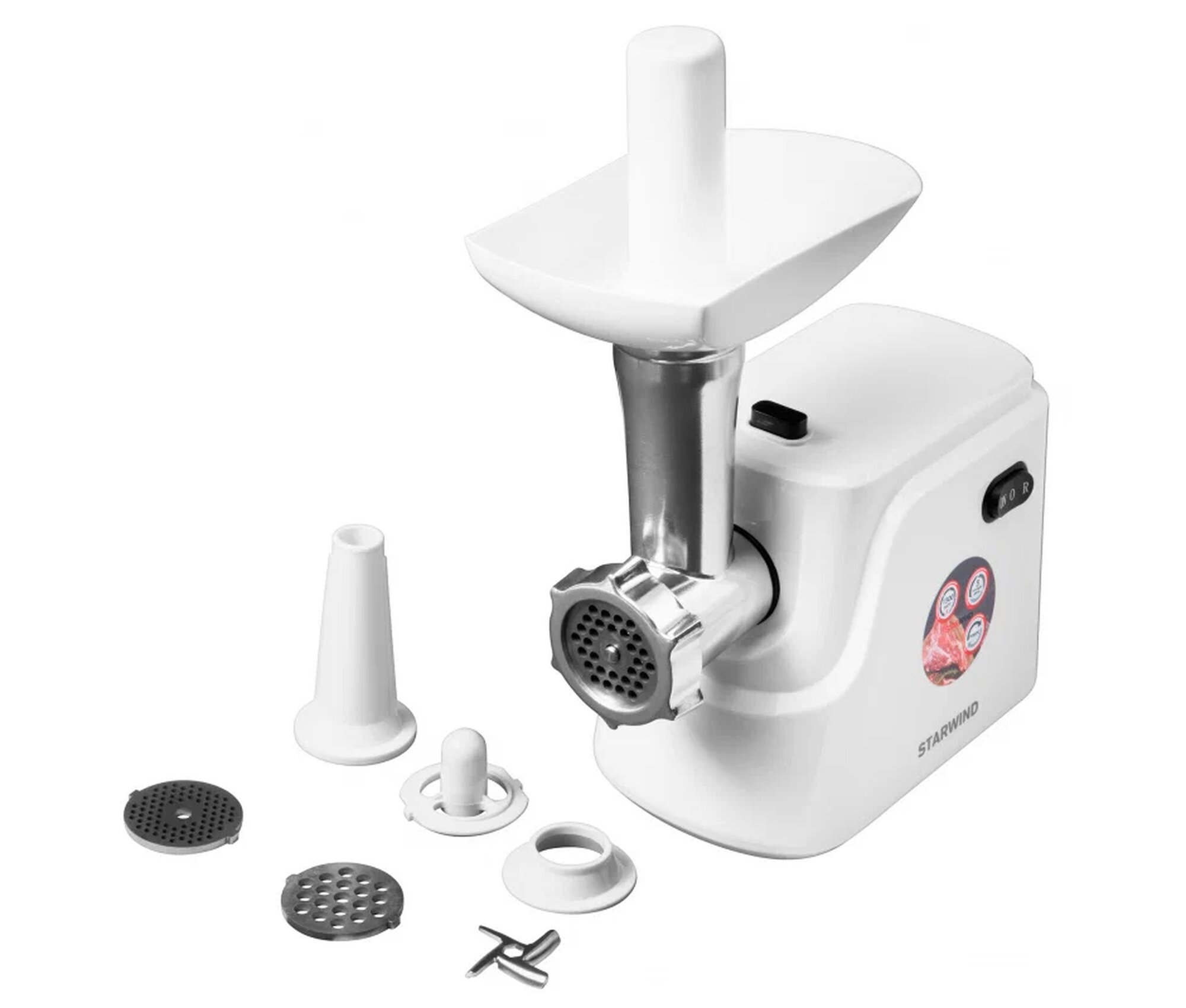 Мясорубка Starwind SMG3120, пластик, 1500Вт, 3 перфорированных диска, насадки для колбас и кеббе
