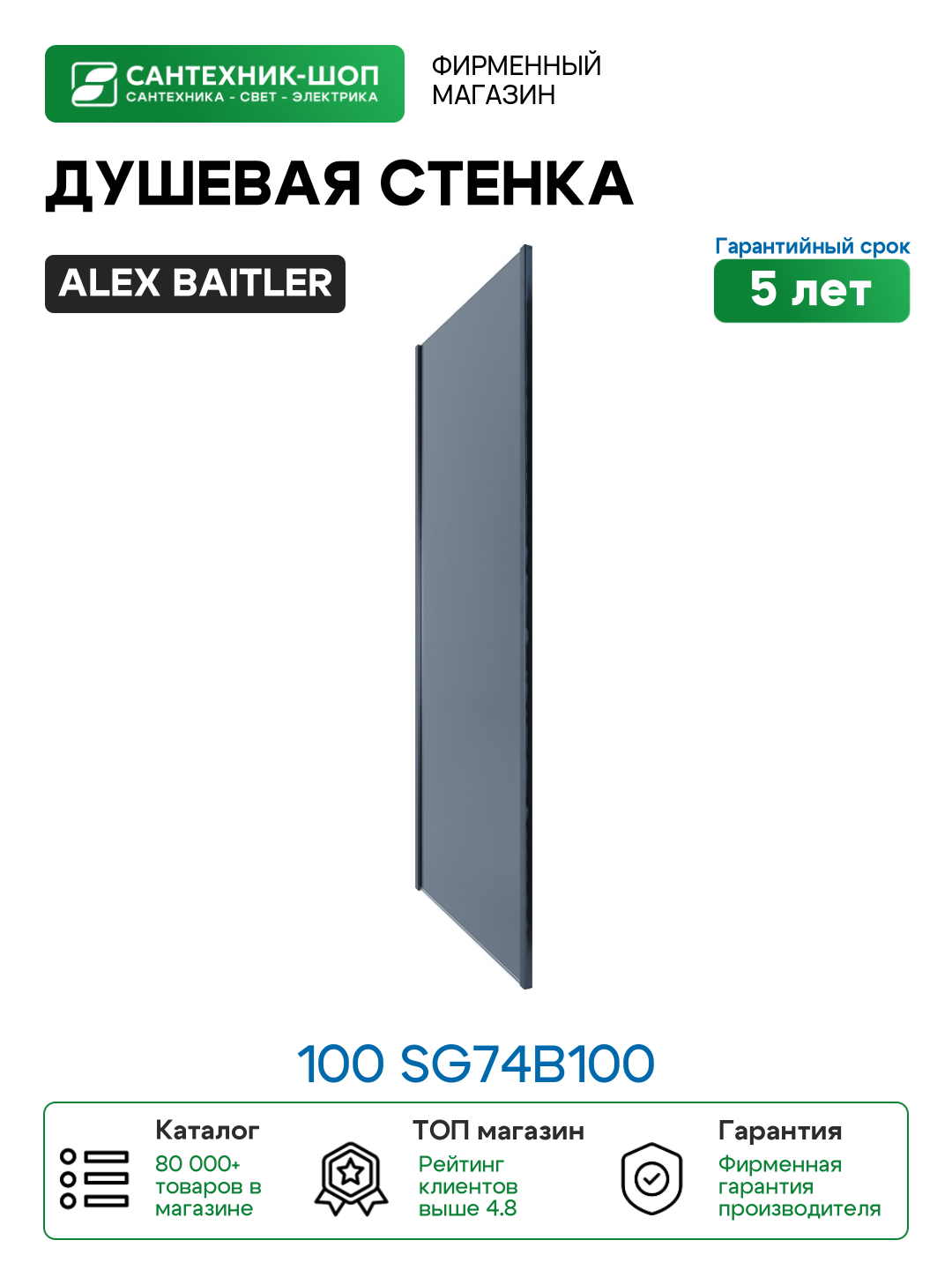Душевая стенка Alex Baitler 100 SG74B100 профиль Черный матовый стекло тонированное