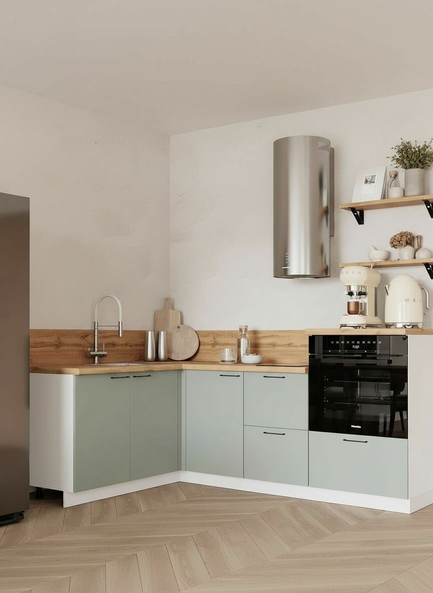 ARNIKA Кухонный гарнитур со столешницей "Дакия" угловой 1,5м*2,1м (без пм) цвет олива (зеленый), фасад Эмаль