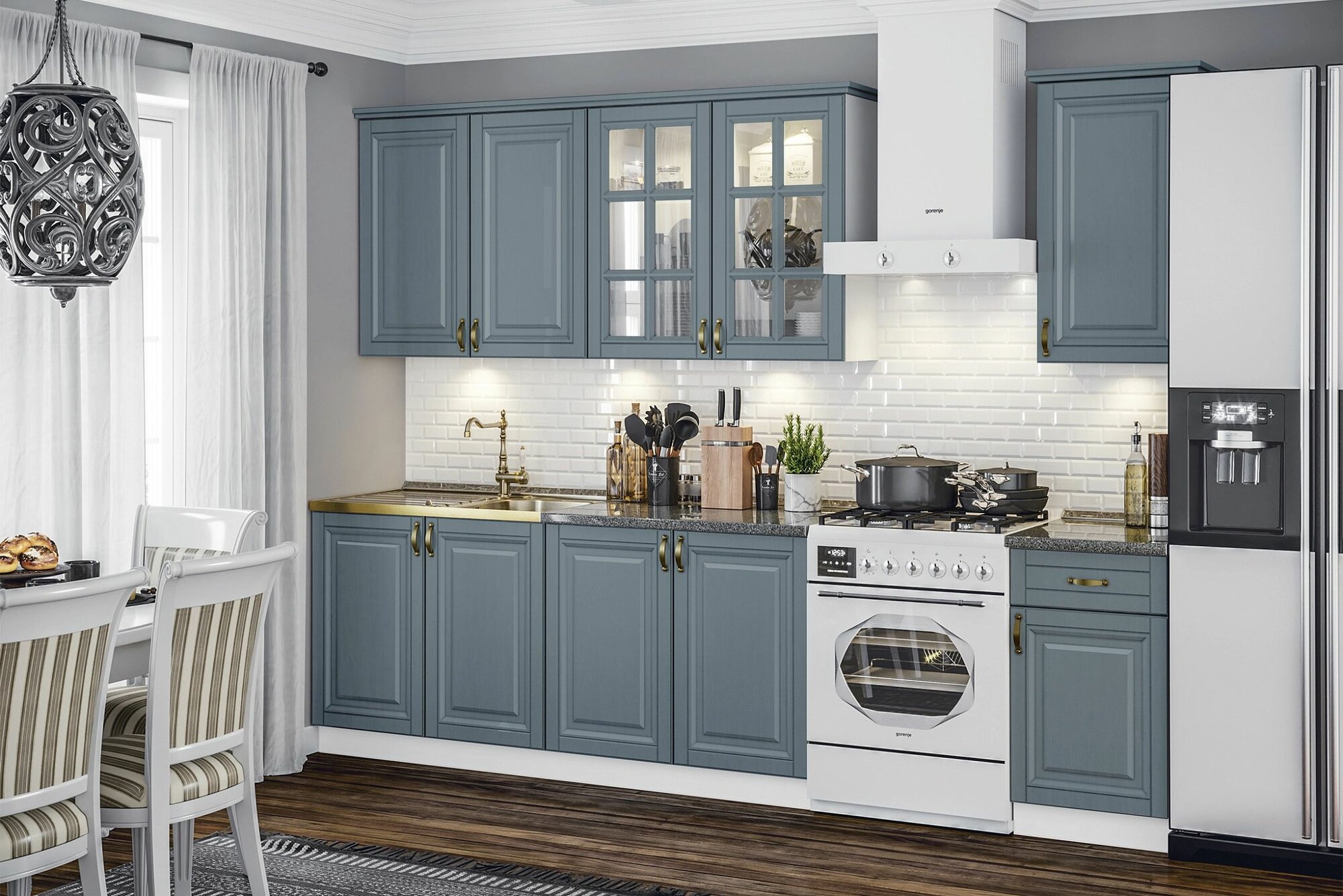 Кухня Престиж 2,0/900м (490) Компоновка №3 (Браш Блю, Белый (Кастилло темный))