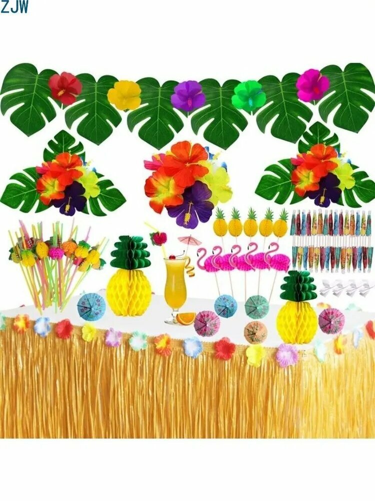 Отпразднуйте стильно с нашим набором Hawaiian Grass и полными украшениями для вечеринки, золото