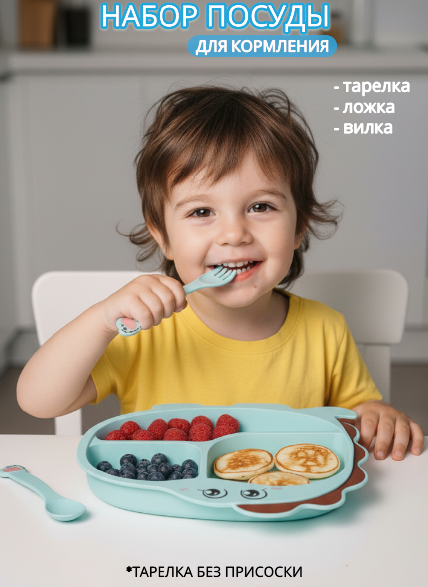 Набор детской посуды для кормления Динозаврик, 4 предмета: секционная тарелка ложка вилка палочки