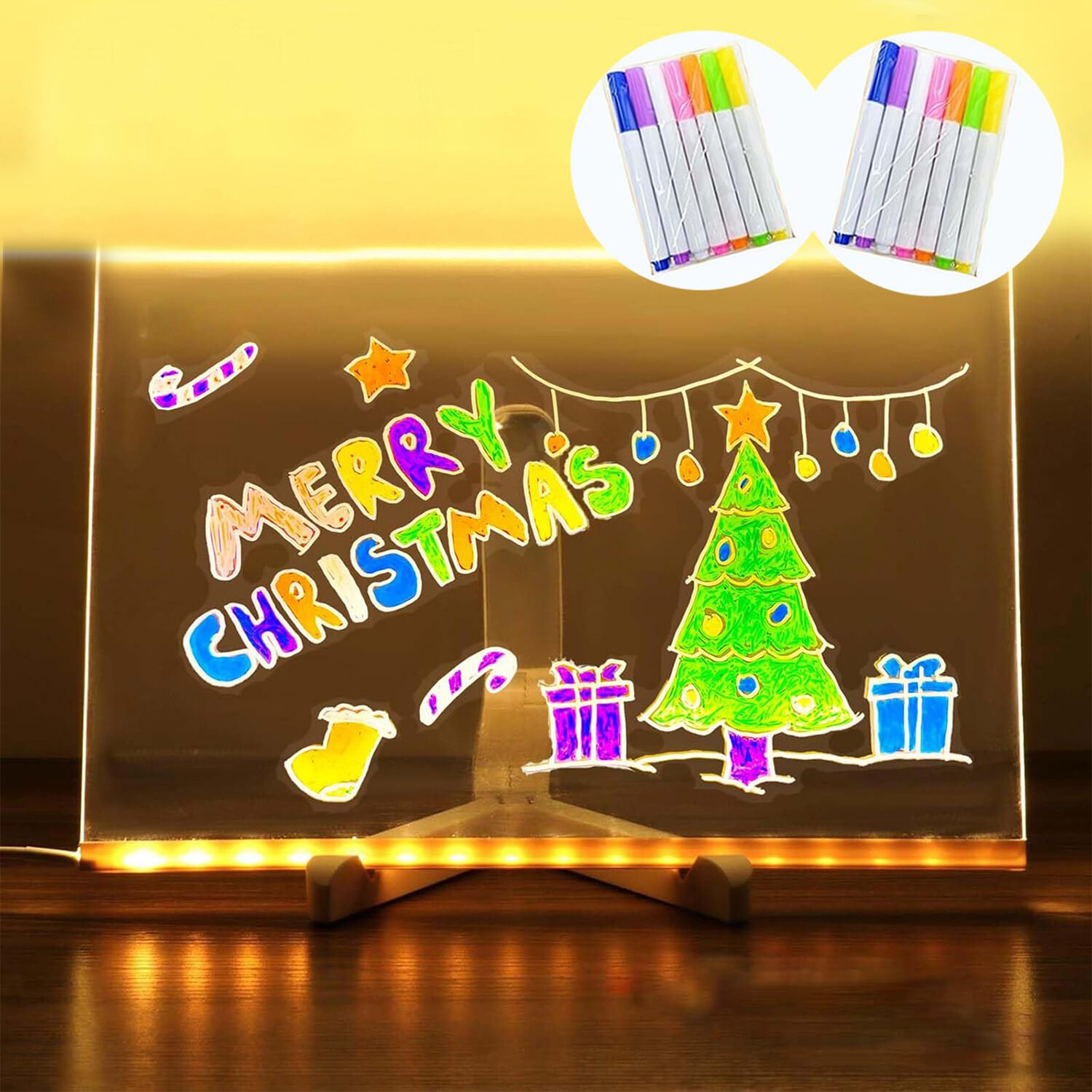 2025 LED Note Board с цветом, светящаяся акриловая доска для сообщений, подсвеченный акриловый доска для сухого стирание с регулируемым подставкой и 7 цветными ручками для офиса школы дома (L-11.8x7.9 дюймов), материал акрил пластик, лампа LED, зарядка