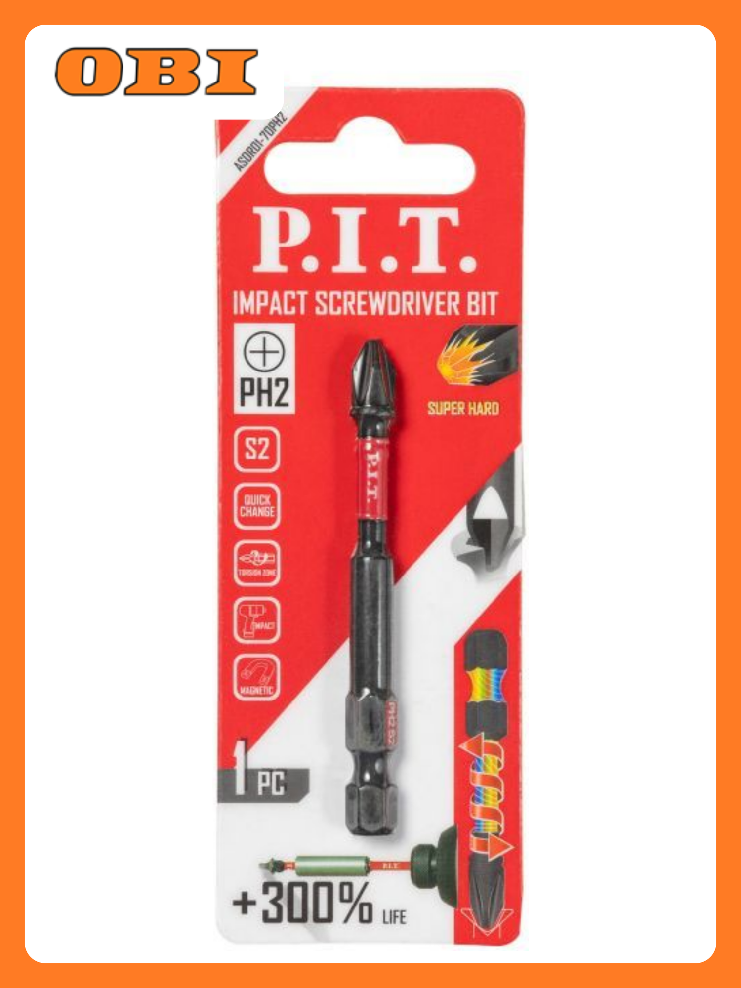 Бита ударная P.I.T. ASDR01-70PH2, крестообразная, односторонняя, длина 70 мм