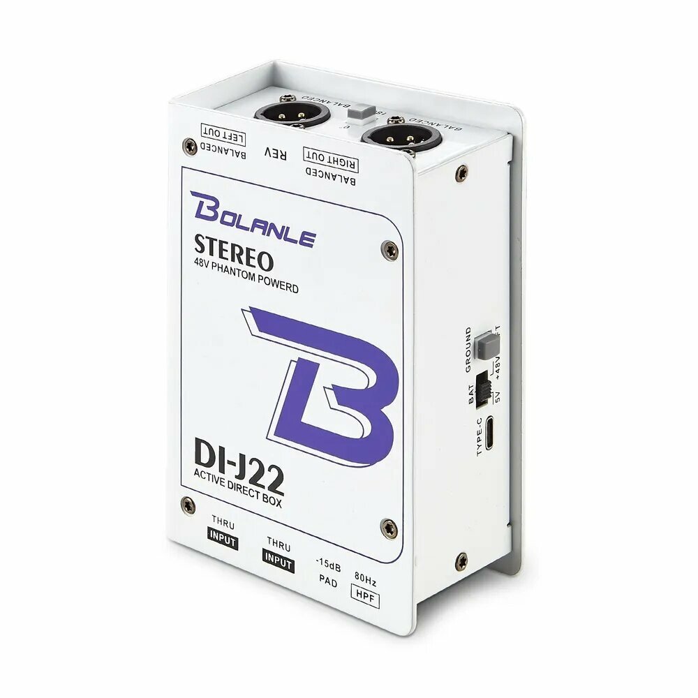 Bolanle J22 Активный DI-box Поддерживает работу аккумуляторов 48V, 5V, 9, многофункциональный стерео двойной канал Подходит для сценических представлений, индивидуальных репетиций.