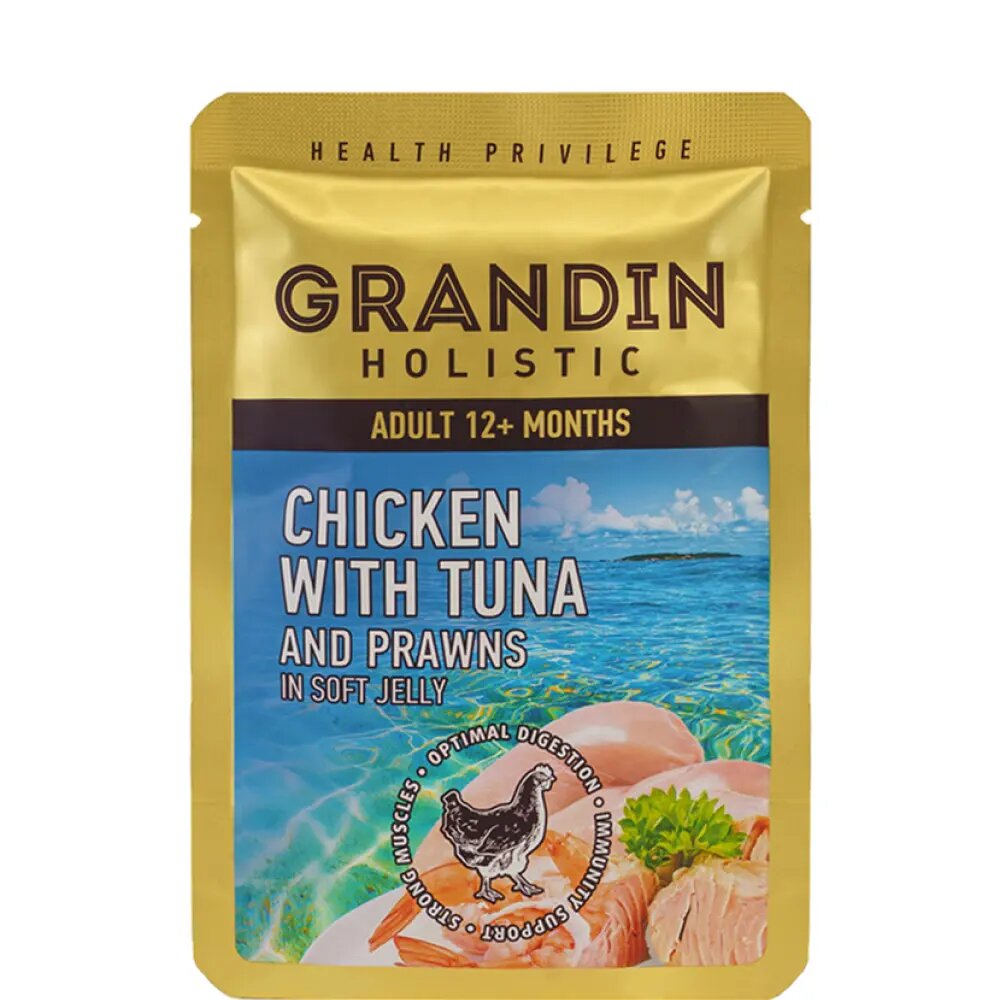 Grandin Влажный корм (пауч) для кошек, курица с тунцом и креветками в нежном желе, 85 гр. 14 шт.