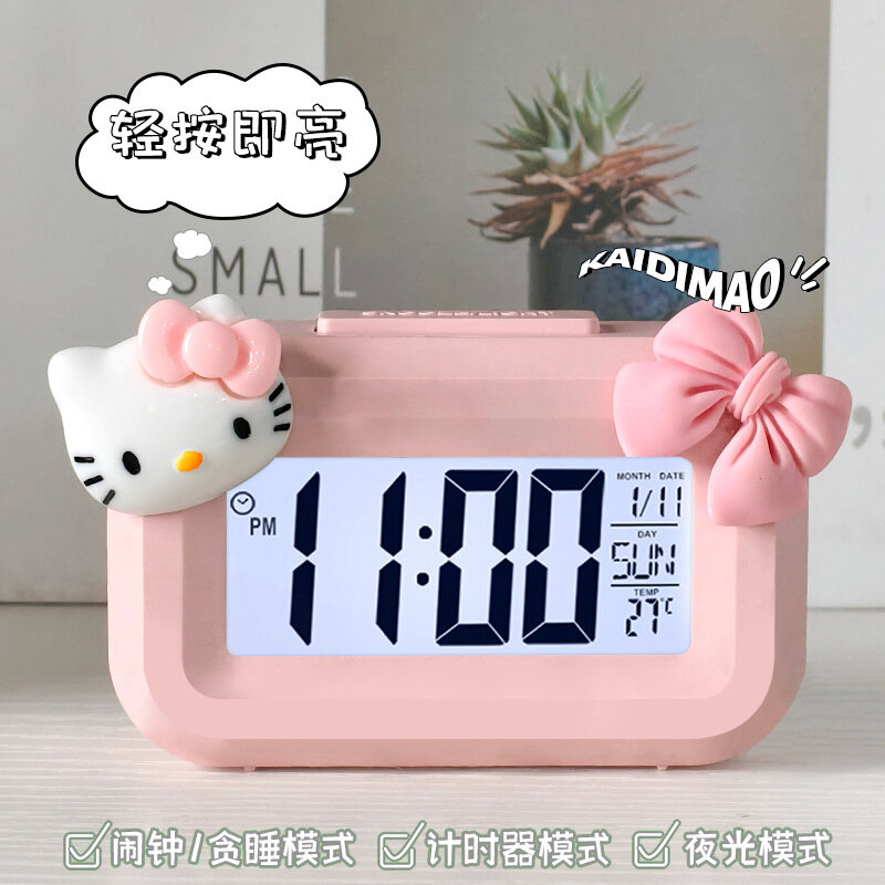 Будильник Hello Kitty Sanrio, светодиодная подсветка, с функцией таймера, случайные наклейки
