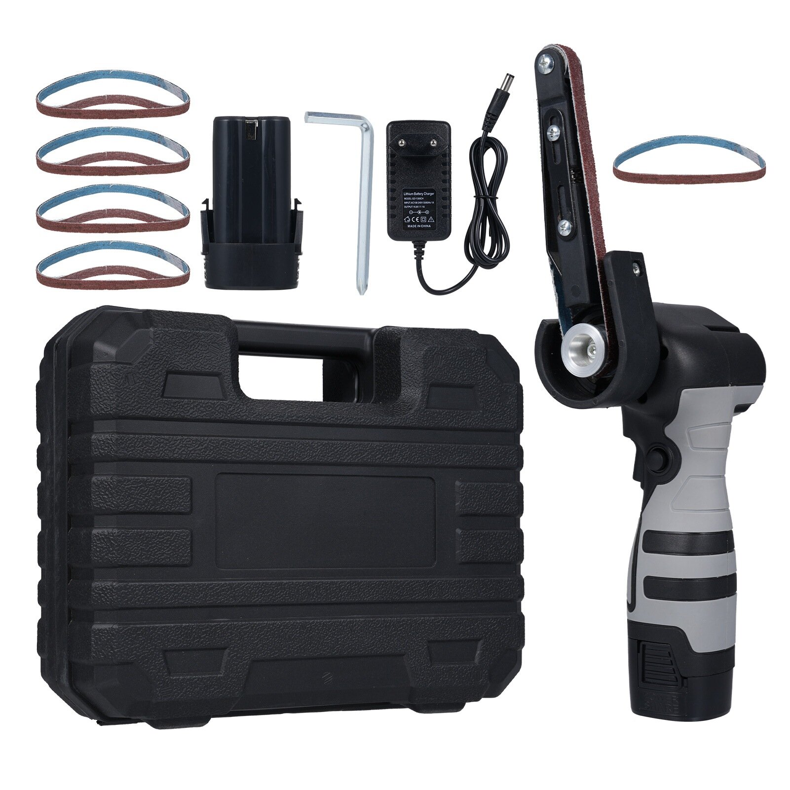 Электрическая мини-ленточная шлифовальная машина, угловая шлифовальная машина, полировальный станок для труб с регулируемой скоростью вращения 6500 об/мин и 10 шлифовальными лентами для дерева, металла и пластика.