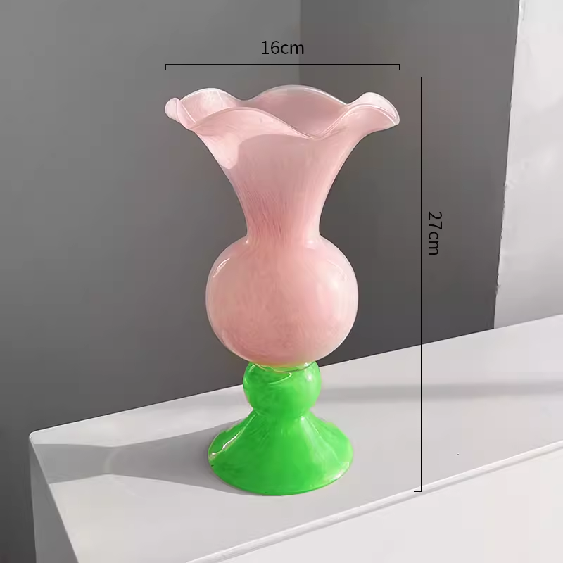 Стеклянная ваза Fenton винтажного стиля - розово-зеленый, высокая ножка