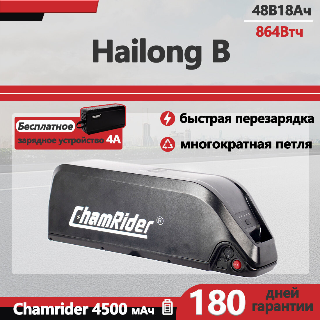 Аккумулятор для электровелосипеда ChamRider Hailong B 48V18Ah BMS 40A, зарядка 4A