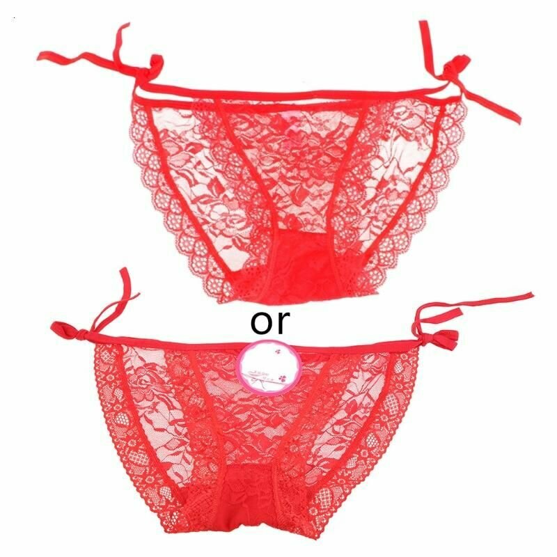 Женские стринги с кружевом и бантом, красный