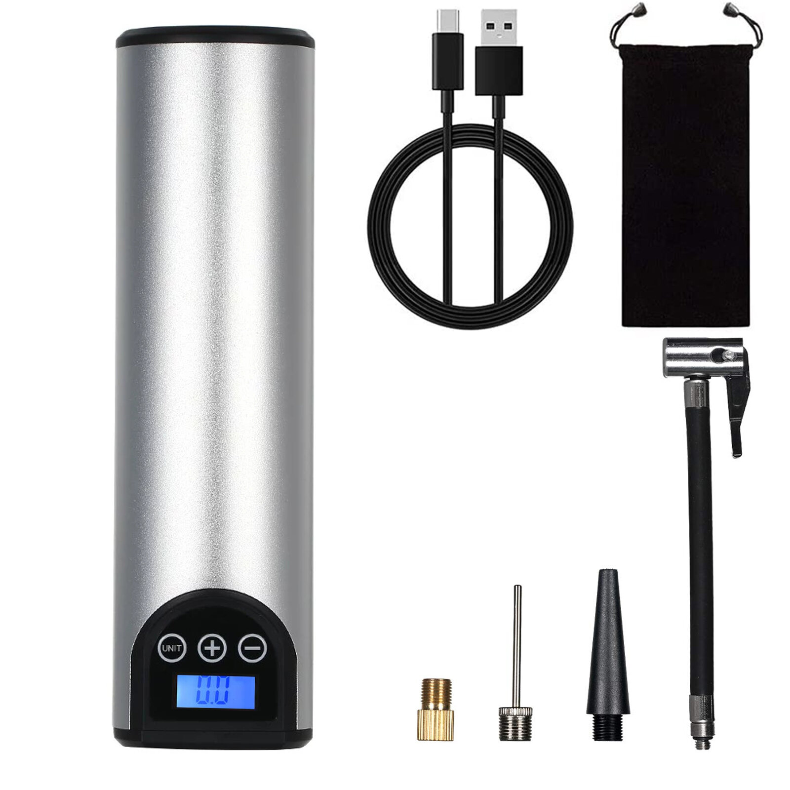 12V 150PSI Нагнетатель Воздуха Для Шин Ручной 2000mAh Заряжаемый Компрессор с Манометром LED Осветлением Автоматическим Выключением для Автомобилей Велосипедов Мотоциклов Шаров (Серебристый)