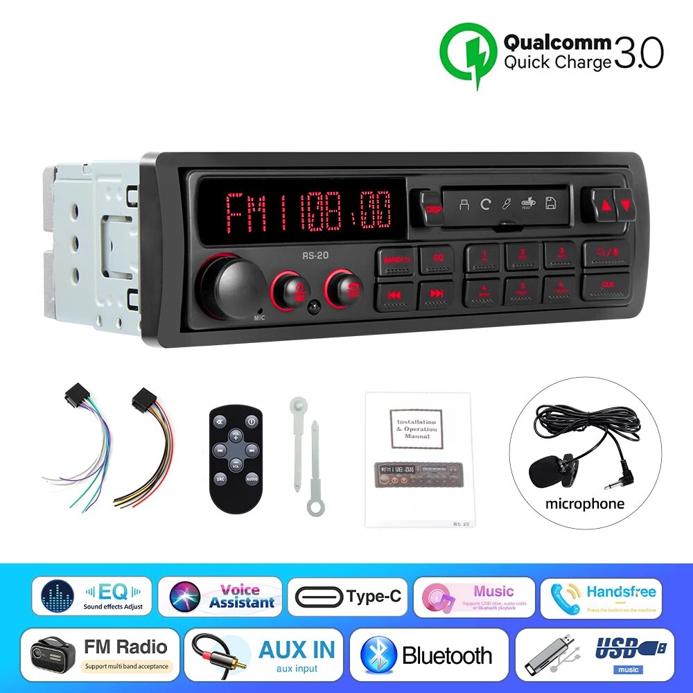 1Din автомобильный радиоприемник MP3-плеер Bluetooth AUX USB EQ FM AM RDS классический RS20 MIC