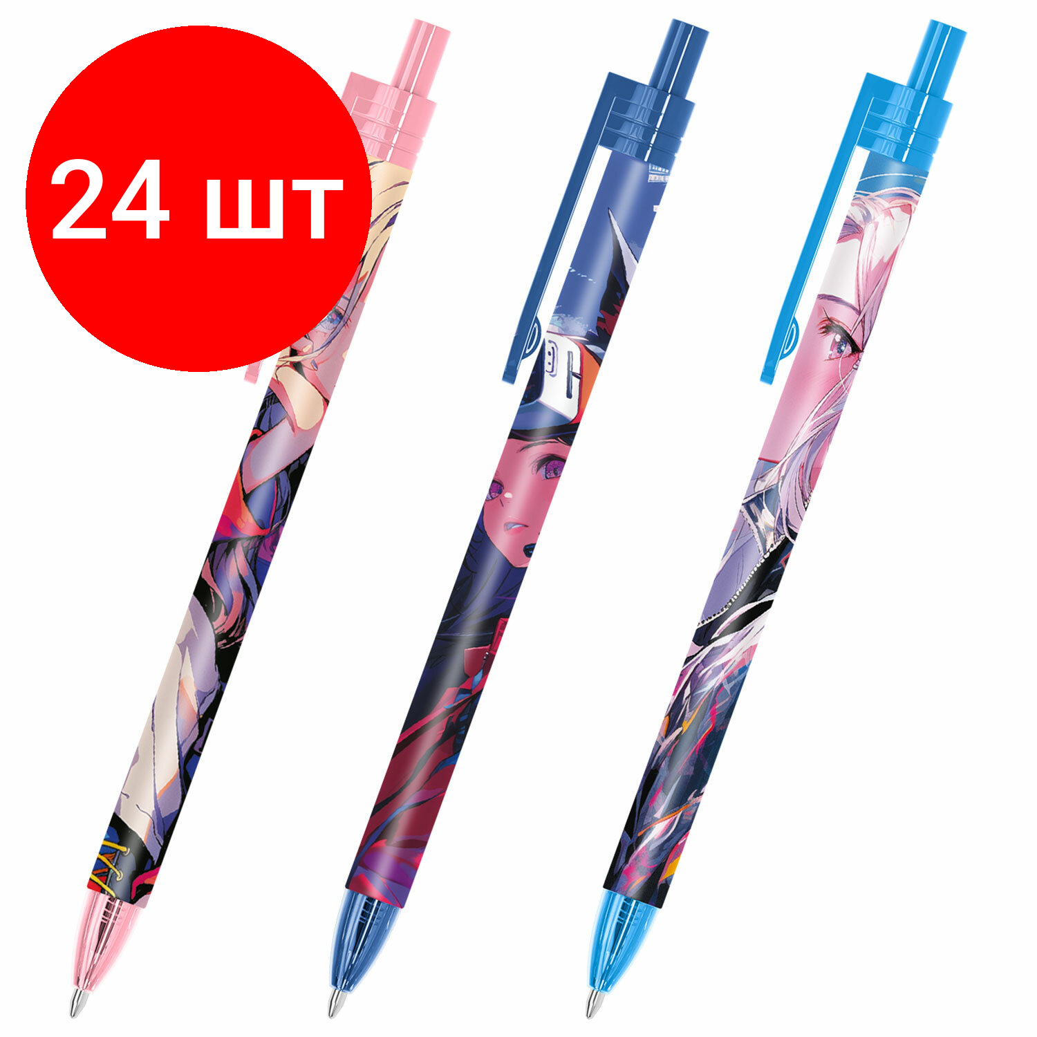 Комплект 24 шт, Ручка шариковая автоматическая с принтом FUNSTER "ANIME", корпус soft-touch, синяя, пишущий узел 0.7 мм, линия письма 0.35 мм, 144406