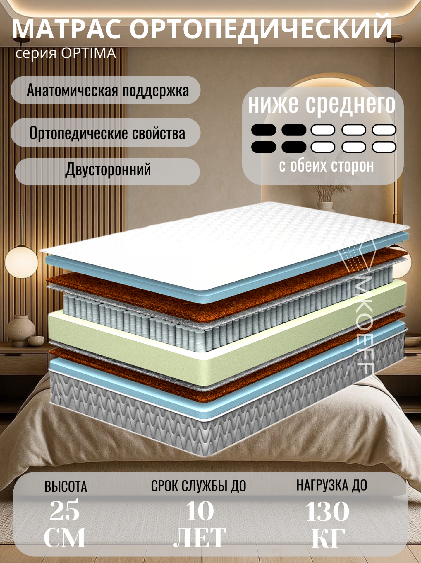 Матрас MKOEFF "Optima DUO" 120х200х25 см. ортопедический. Двусторонний, средняя жесткость. С кокосом.