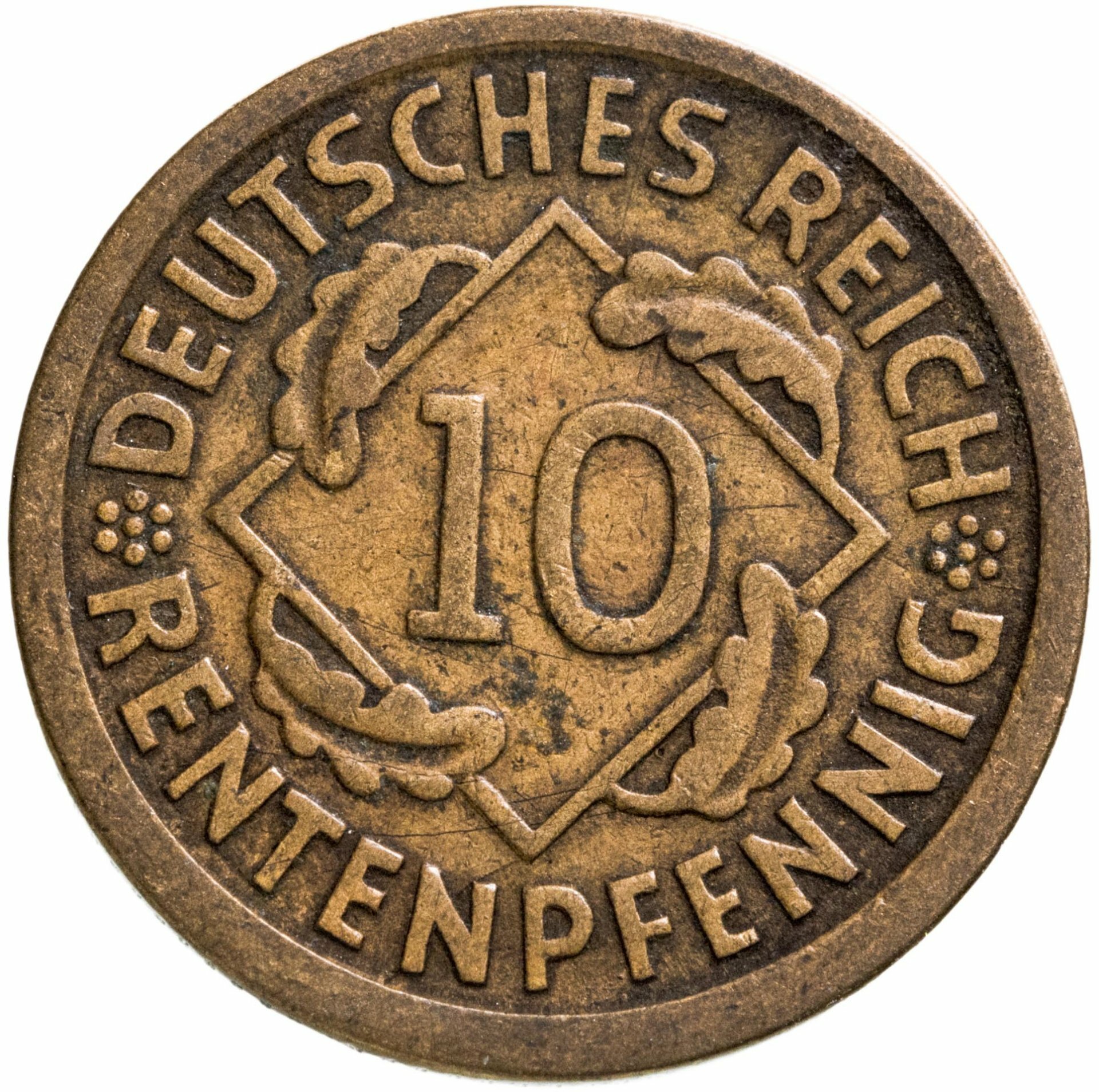 Германия 10 пфеннигов рентенпфеннигов, rentenpfennig 1924 знак монетного двора "J" — Гамбург, Бронза, в сохранности VF-XF