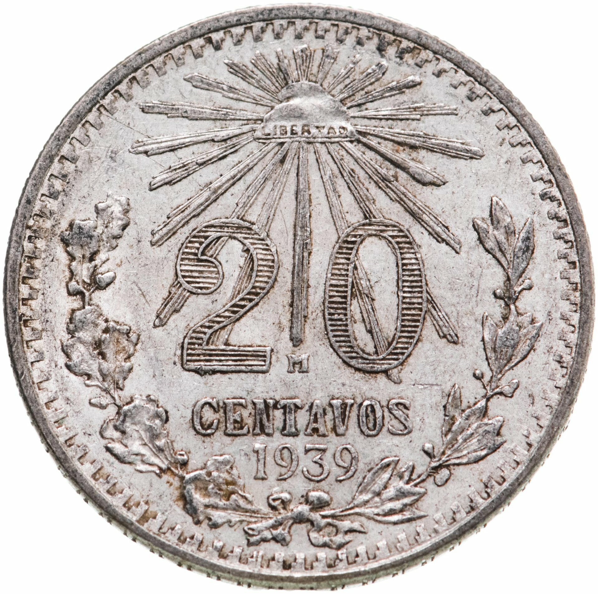 Мексика 20 сентаво centavos 1939, Серебро 720, в сохранности XF-AU