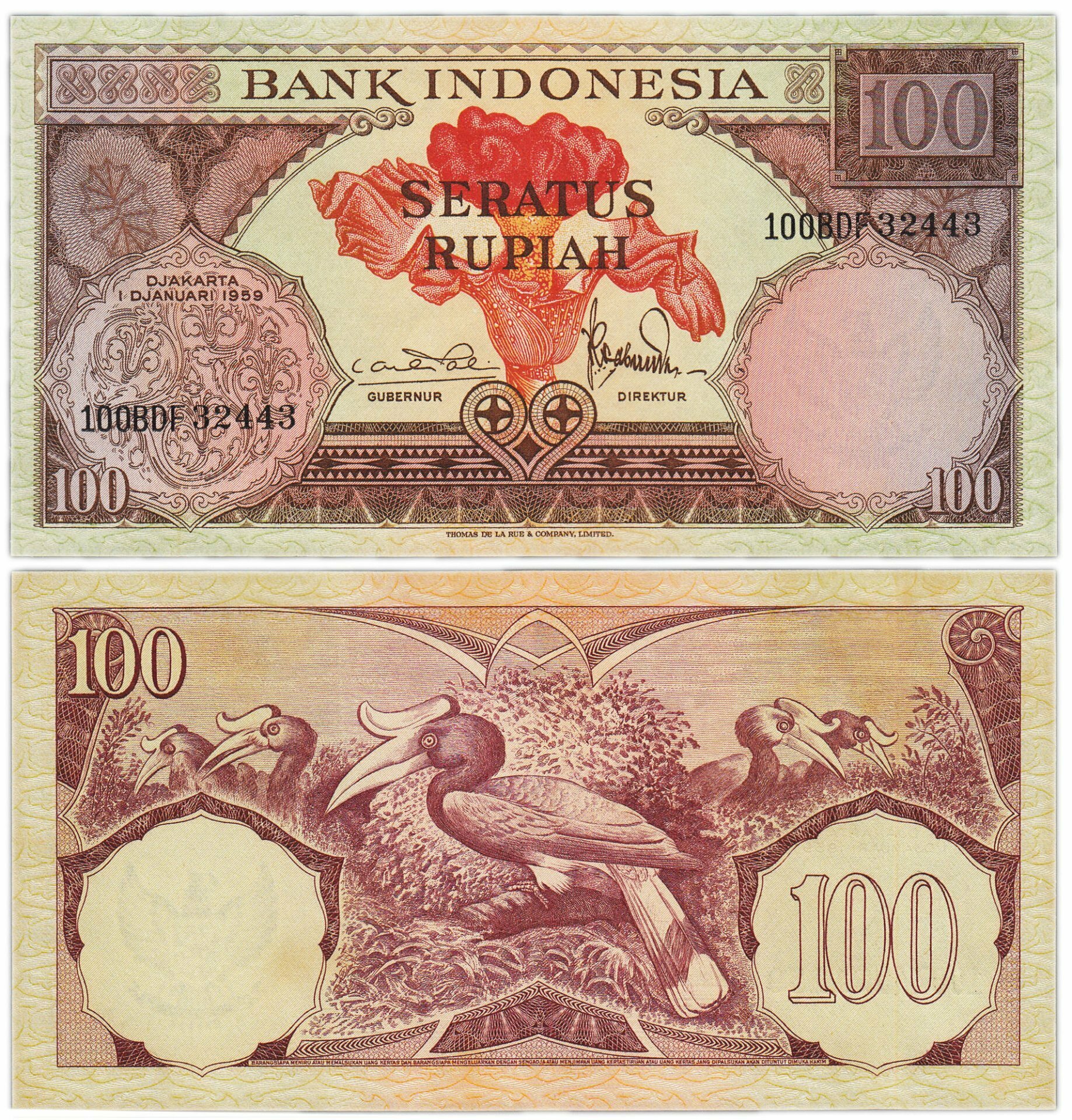 Индонезия 100 рупий 1959 год серия "Птицы и Цветы" "Гигантская Раффлезия Патма" Pick 69