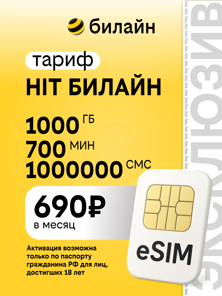 ESIM Билайн «HIT билайн» 1000 ГБ, 700 минут, безлимит на соцсети и мессенджеры. Все Россия. Баланс: 100 руб