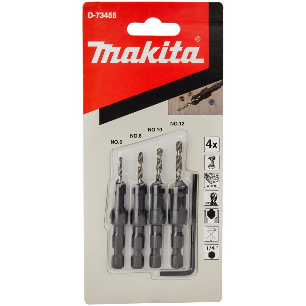Набор сверл по дереву Makita D-73455, 4 шт, 1/4" шестигранный хвостовик, конусные зенкеры, HSS сталь