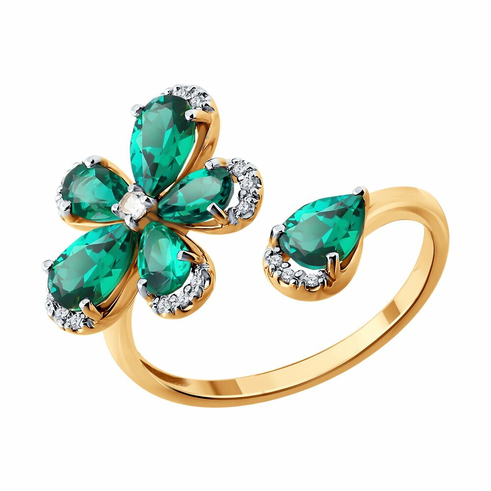 Кольцо, красное золото, 585 проба, изумруд синтетический