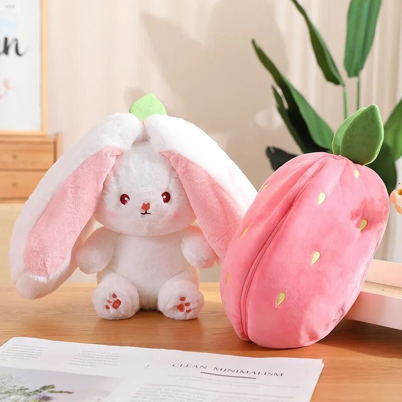 Мягкая игрушка заяц из искусственного велюра с клубничным капюшоном, 20 см, фуксия, для детей от 3 лет, Китай — фото 1
