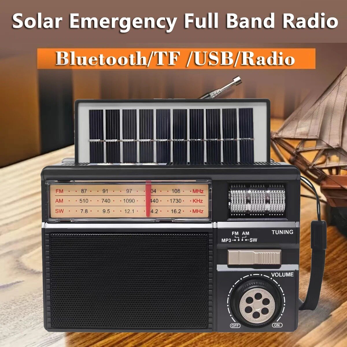 Ретро-радиоприемник с беспроводным аудиовыходом, солнечной батареей и многорежимной зарядкой, долговечным аккумулятором и несколькими режимами воспроизведения