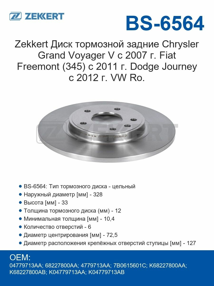 Zekkert Диск тормозной задние Chrysler Grand Voyager V с 2007 г. Fiat Freemont (345) с 2011 г. Dodge Journey с 2012 г. VW Ro.