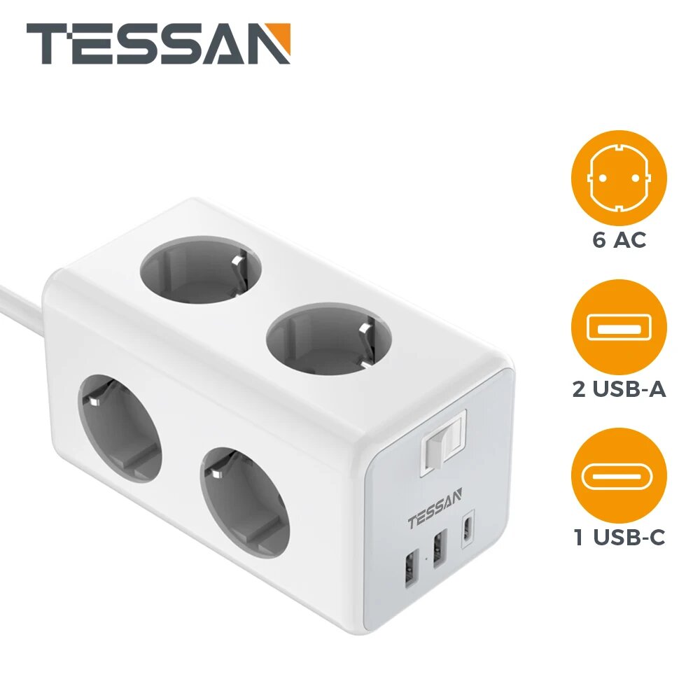 TESSAN Удлинительная розетка TS-306-C 6 розеток 3 USB 3600 Вт 6 Outlet 3 USB TypeC