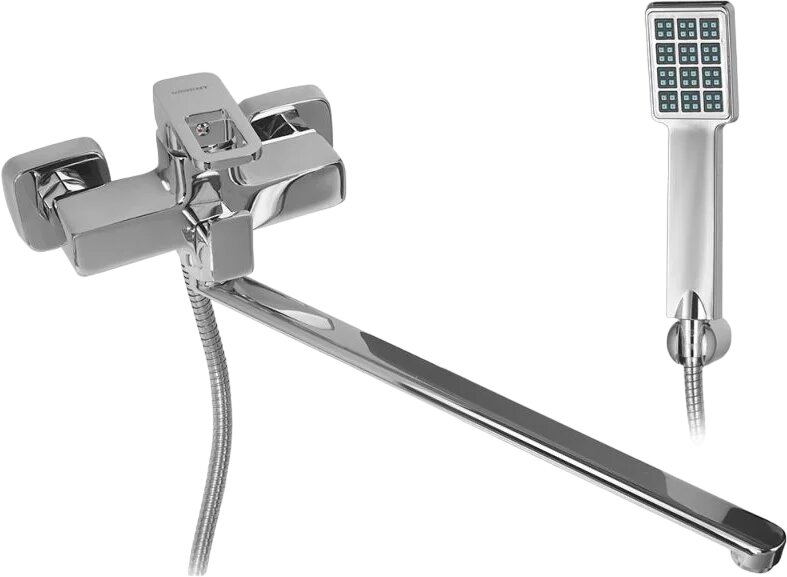 Смеситель с длинным изливом для ванны Wisent W2249 с душевым гарнитуром, поворотный, металлический, хром, глянцевый, смеситель для ванны с душем, рычажный, с настенным держателем
