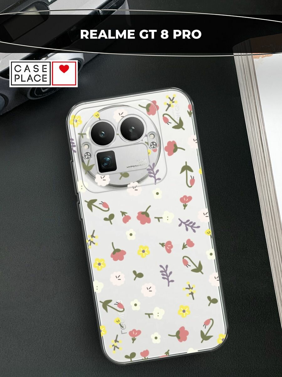 Чехол на Realme GT 8 Pro / Реалми GT 8 Про с принтом Россыпь цветов рисунок, прозрачный