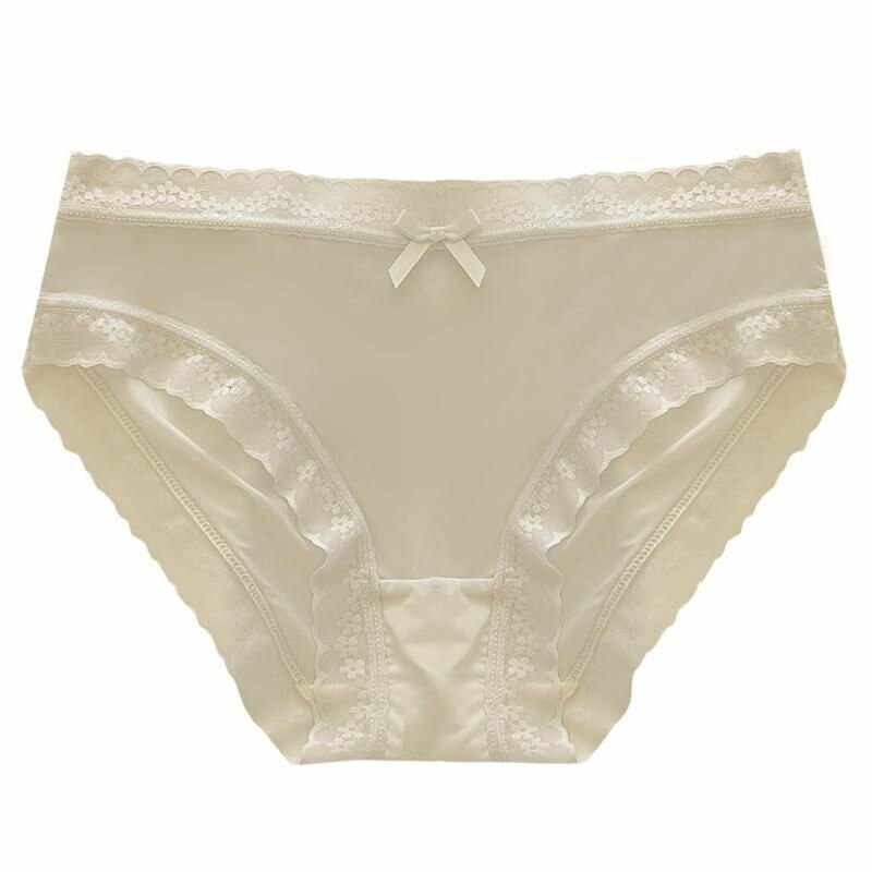 Женские трусы-безлик с бантом и кружевом, абрикосовый - L