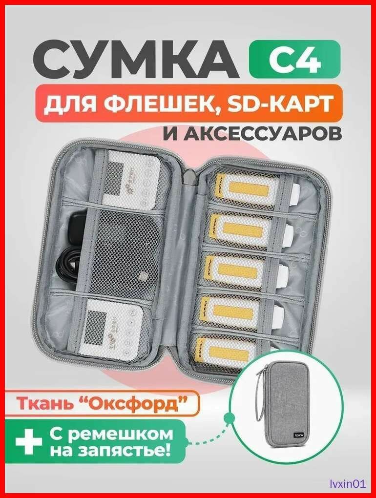 Органайзер для кабелей, наушников и флешек С4, жесткий складной кейс с отделениями, компактный хранения гаджетов дома в дороге