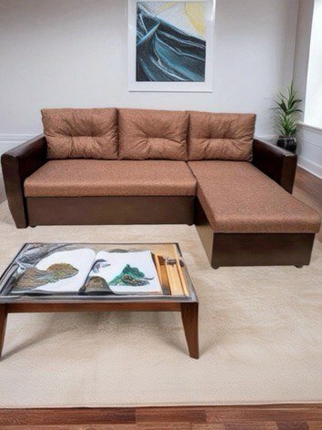 Угловой диван-кровать "Амстердам" коричневая рогожка и кожзам, угол правый