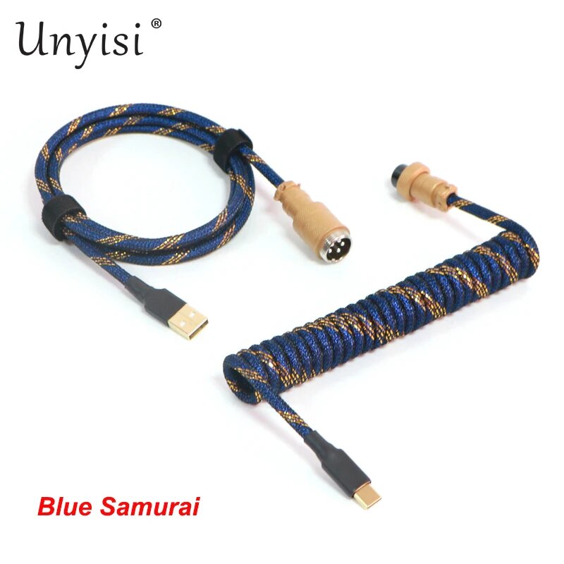 Спиральный кабель USB-Type-C Micro Mini-USB Unyisi для механической клавиатуры Micro, Blue Samurai