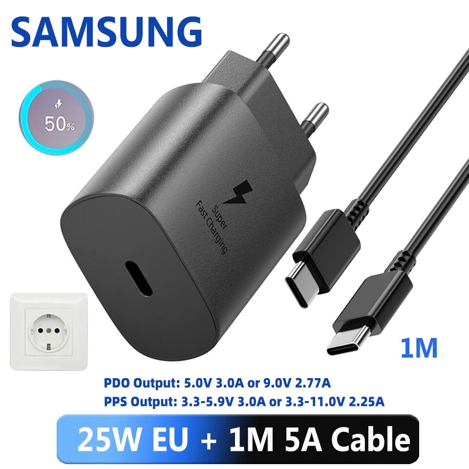 Оригинальное зарядное устройство SAMSUNG 25W PD Type-C, адаптер 15W 45W, настенное EU With 1m cable