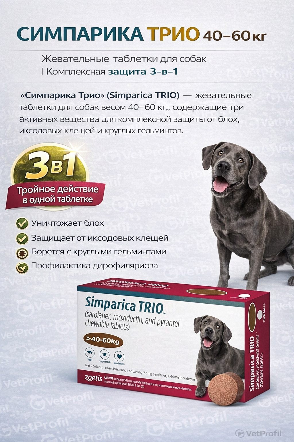 Симпарика трио (Simparica TRIO) таблетки для собак весом 40-60 кг, для защиты от блох, клещей, гельминтов