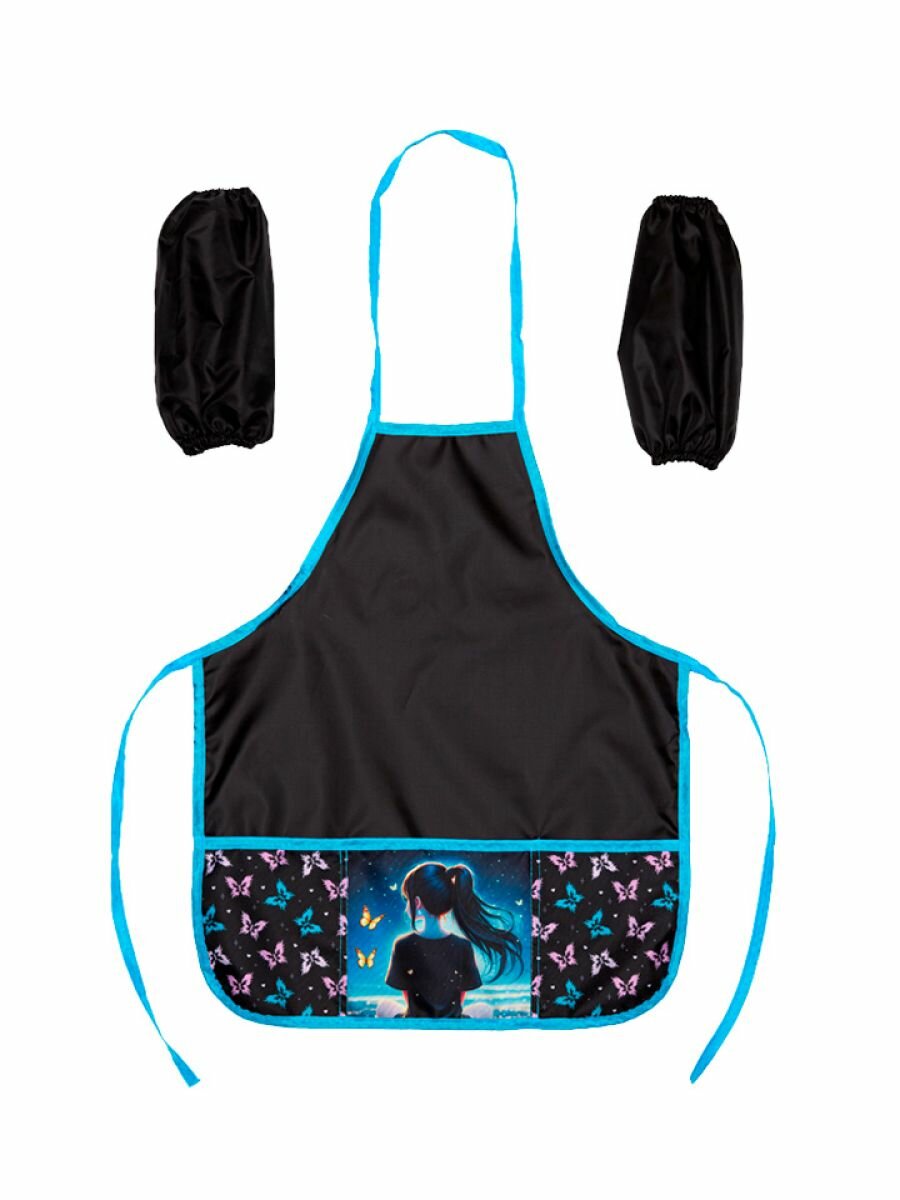 Фартук детский школьный художественный для рисования Butterfly Dreams, 45x54 см (M), с нарукавниками, 3 кармана, водоотталкивающая ткань