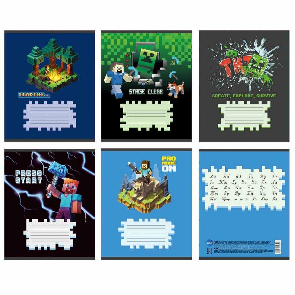 Тетрадь школьная А5 24л, линия, 1шт, микс принтов, обложка с персонажами Minecraft