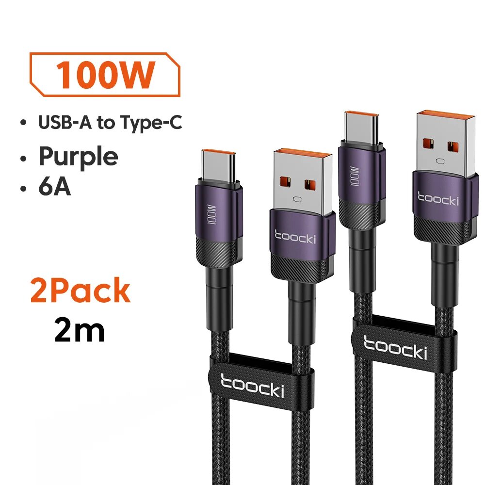 Toocki 6A USB-кабель типа C для Huawei Xiaomi PD 100 Вт, зарядное устройство для 2m Purple 2Pcs